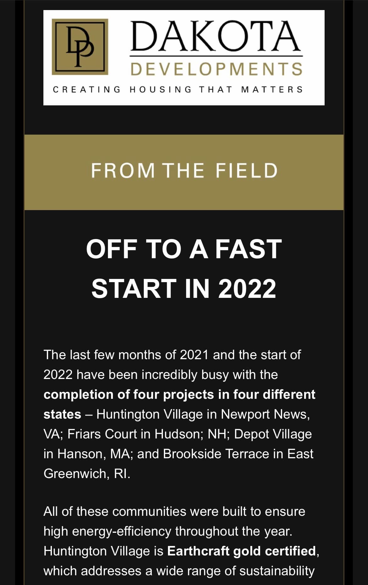 Dakota Developments – January 2022